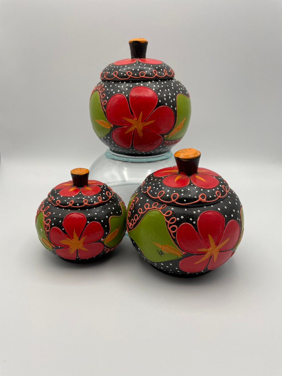 Vintage Hand Painted Wood Containers With Lid, Floral Containers ...