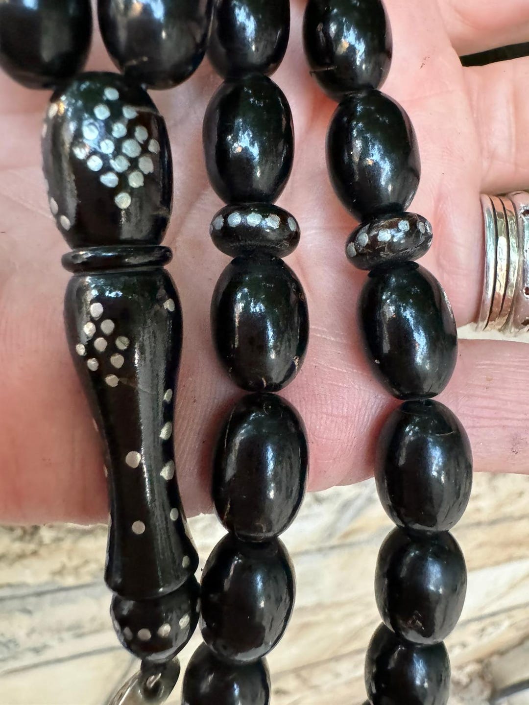 Antique Natural YUSR 33 Prayer Beads Islamic Rosary Silver Inlaid ...