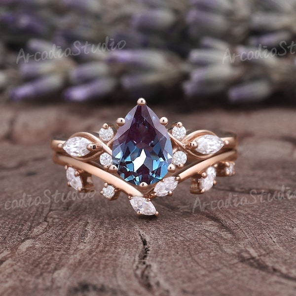 Vintage Alexandrite Engagement Ring Set Leaf - Etsy