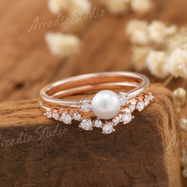 Pearl Engagement Ring Set - Etsy