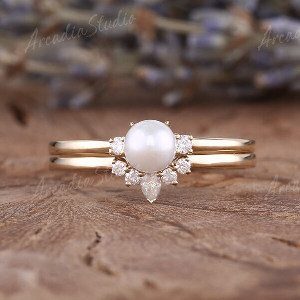 Pearl Engagement Ring Set - Etsy