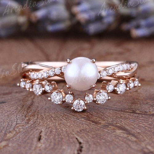 Akoya Pearl Engagement Ring Set Rose Gold Vintage Pearl Ring - Etsy Akoya Pearl Engagement Ring Set Rose Gold Vintage Pearl Ring - Etsy