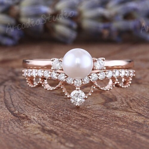 Akoya Pearl Engagement Ring Set Rose Gold Vintage Pearl Ring - Etsy Akoya Pearl Engagement Ring Set Rose Gold Vintage Pearl Ring - Etsy