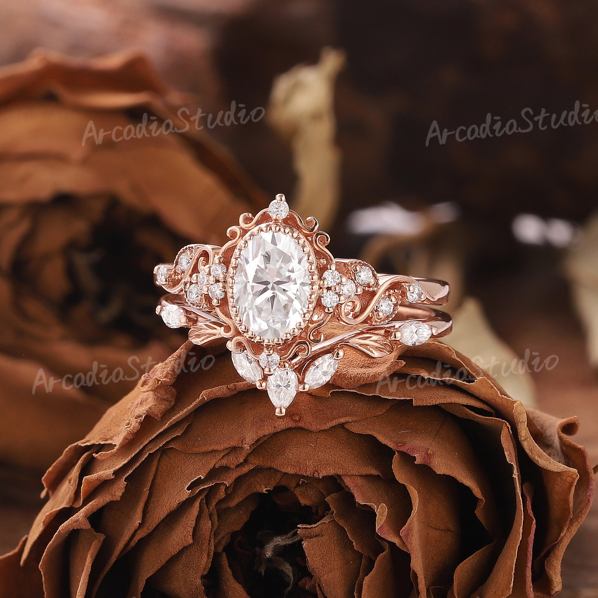Unique Moissanite Engagement Ring Set Floral Ring Rose Gold Ring Set ...