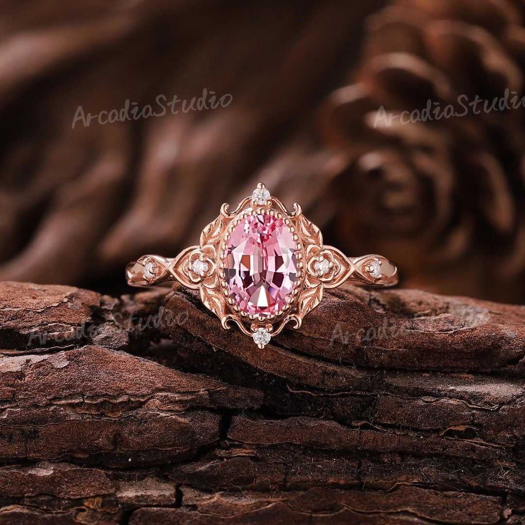 Oval Shaped Pink Sapphire Engagement Ring Rose Gold Unique Moissanite ...