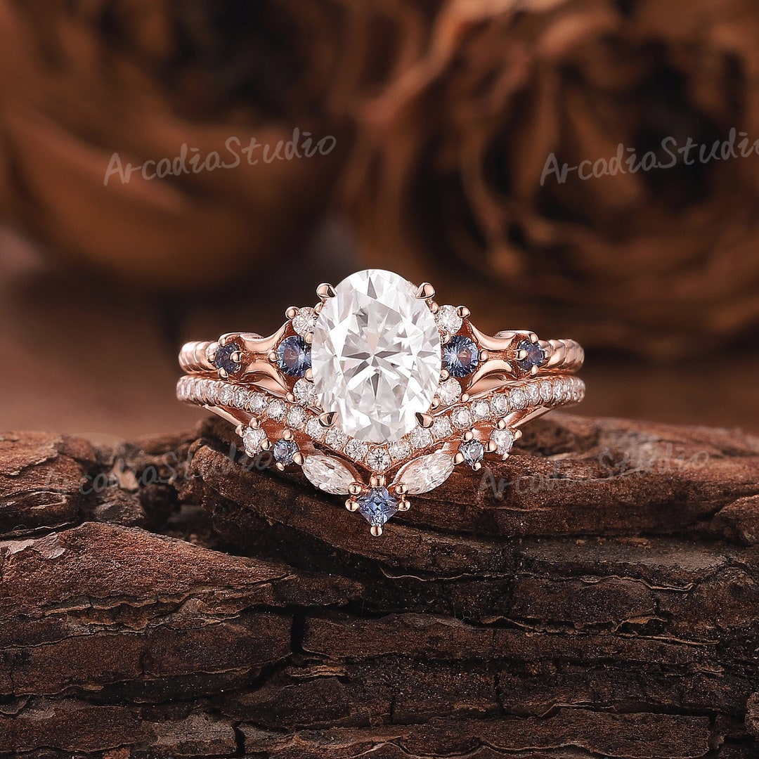 Unique Moissanite Engagement Ring Set Solid Gold Ring Alexandrie ...