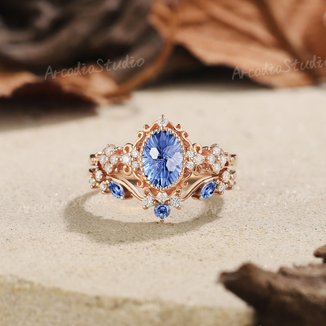 Oval Firework Cut Engagement Ring Set Rose Gold Floral Wedding Ring Set ...