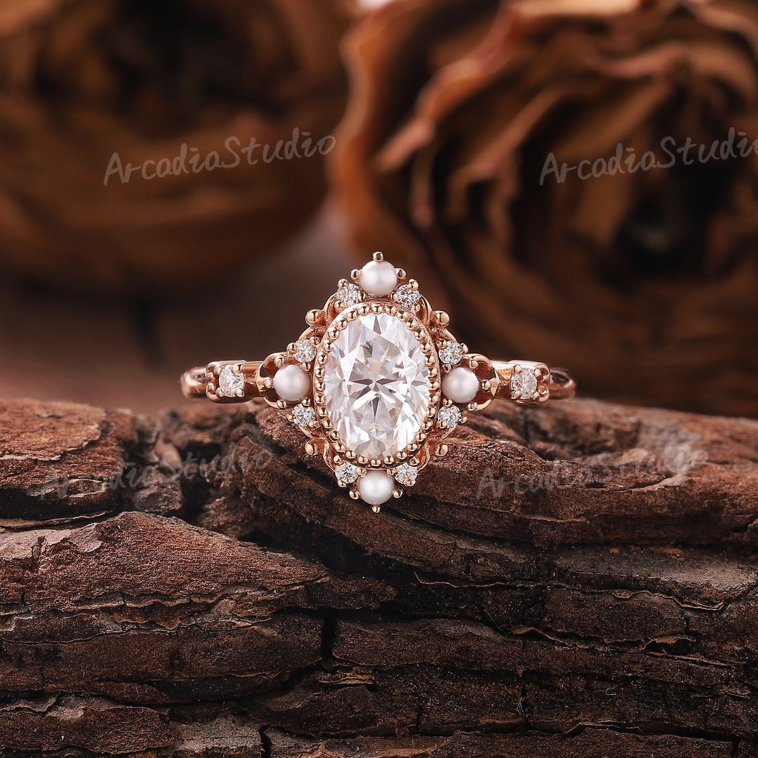 Vintage Moissanite Engagement Ring Rose Glod Ring Pearl Ring Moissanite ...