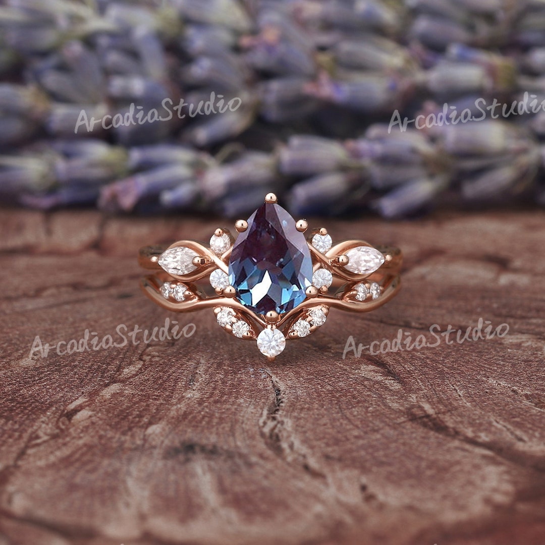 Vintage Alexandrite Engagement Ring Set Unique Pear Alexandrite Wedding ...