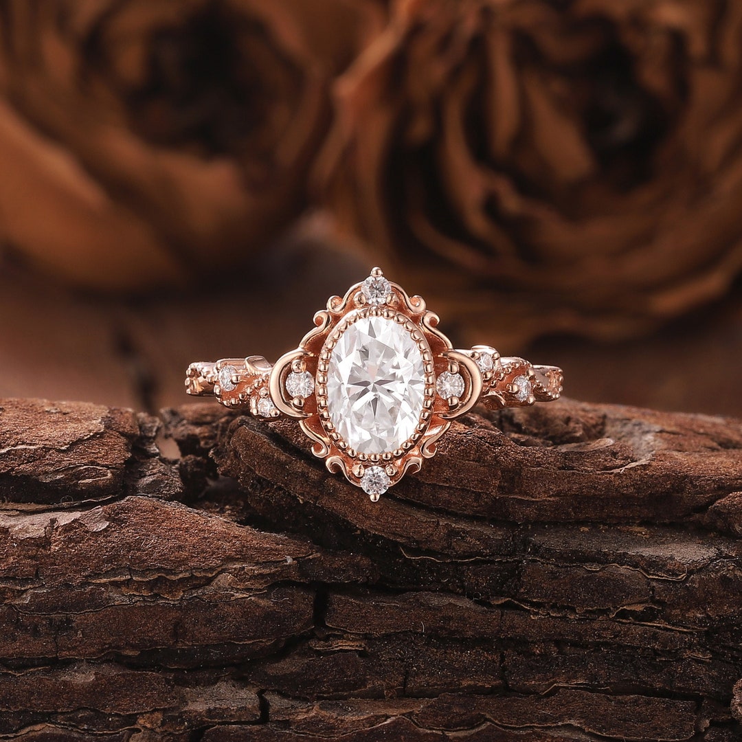 Vintage Moissanite Engagement Ring Oval Moissanite Ring Unique Floral ...