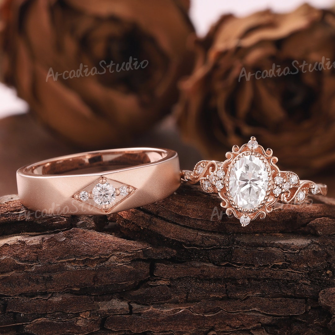 Unique Moissanite Engagement Ring Set Rose Gold Ring Couple Rings ...