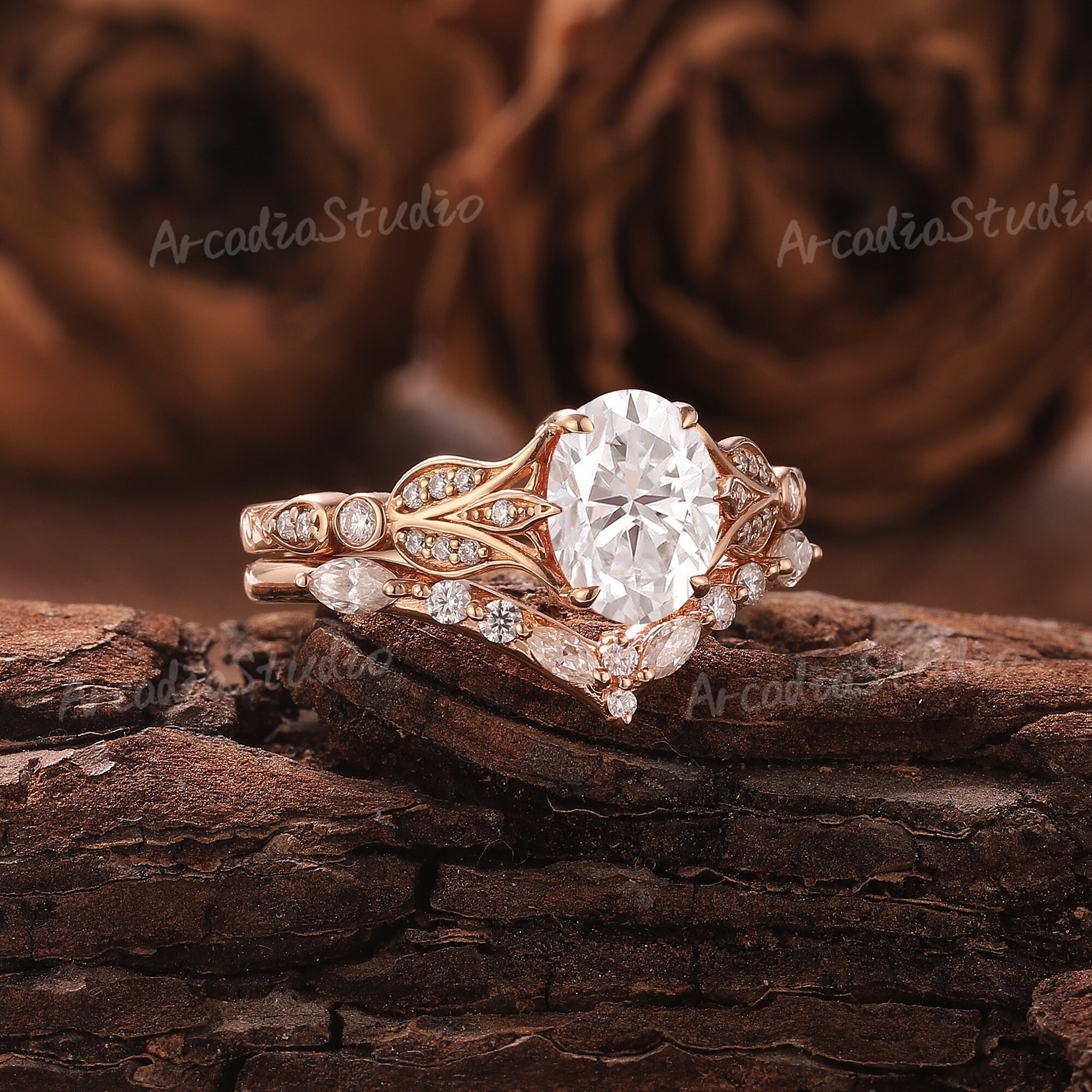 Vintage Oval Moissanite Engagement Ring Set Rose Gold Moissanite ...