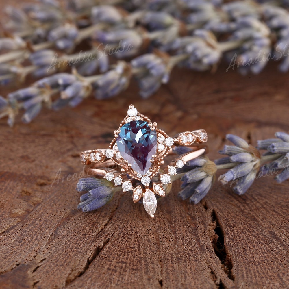 Vintage Alexandrite Engagement Ring Set Rose Gold Pear Cut | Etsy