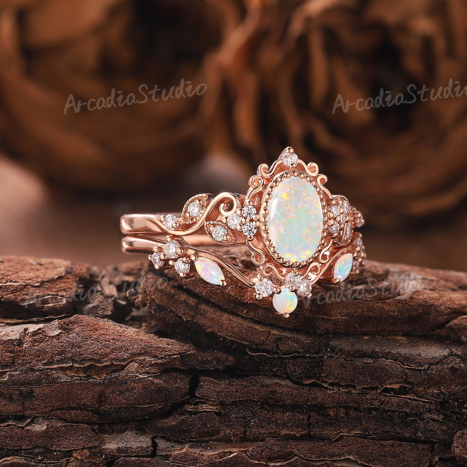 Vintage Opal Engagement Ring Set Rose Gold Opal Floral Ring Set Unique ...
