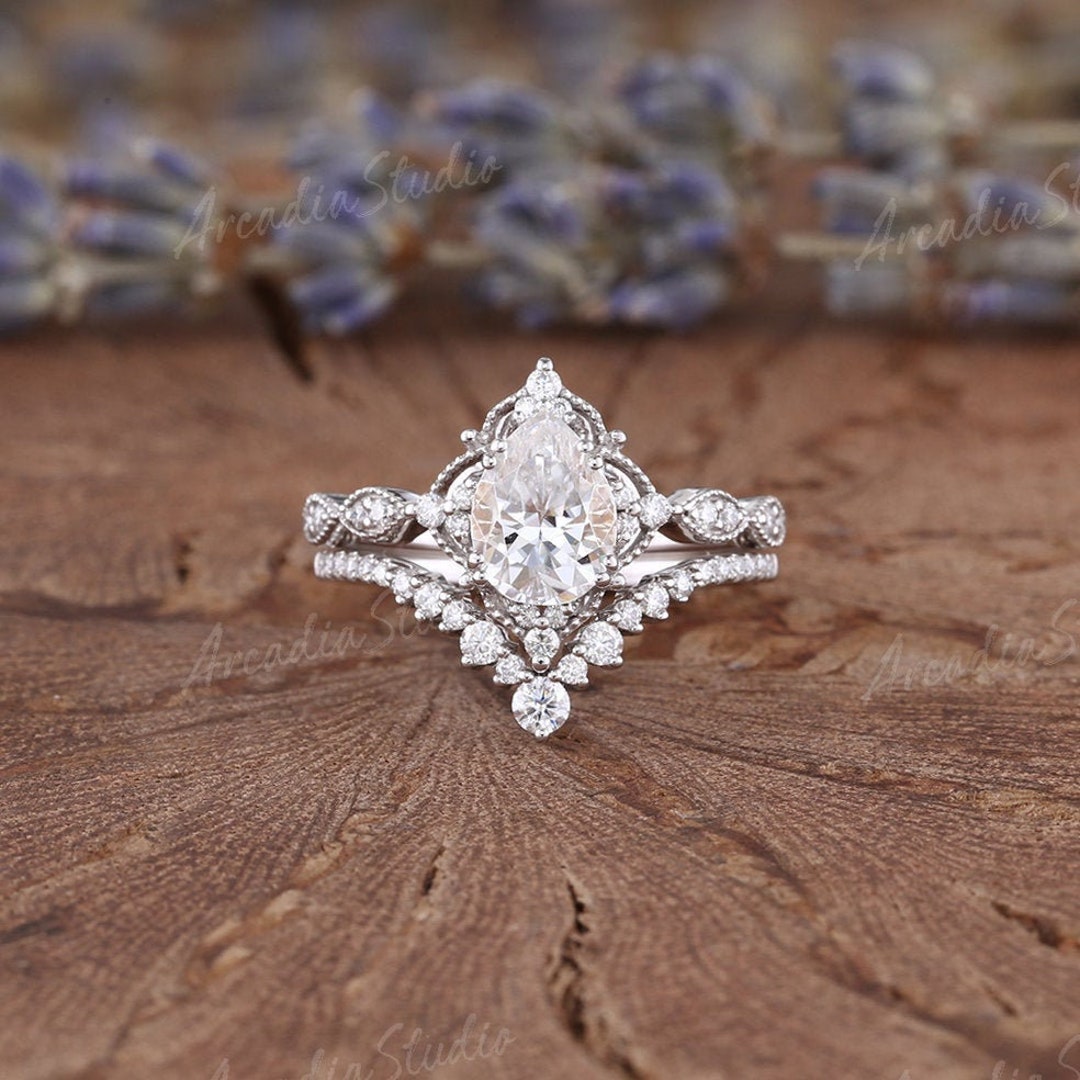 Vintage Moissanite Engagement Ring Set White Gold Pear Shaped Cluster ...
