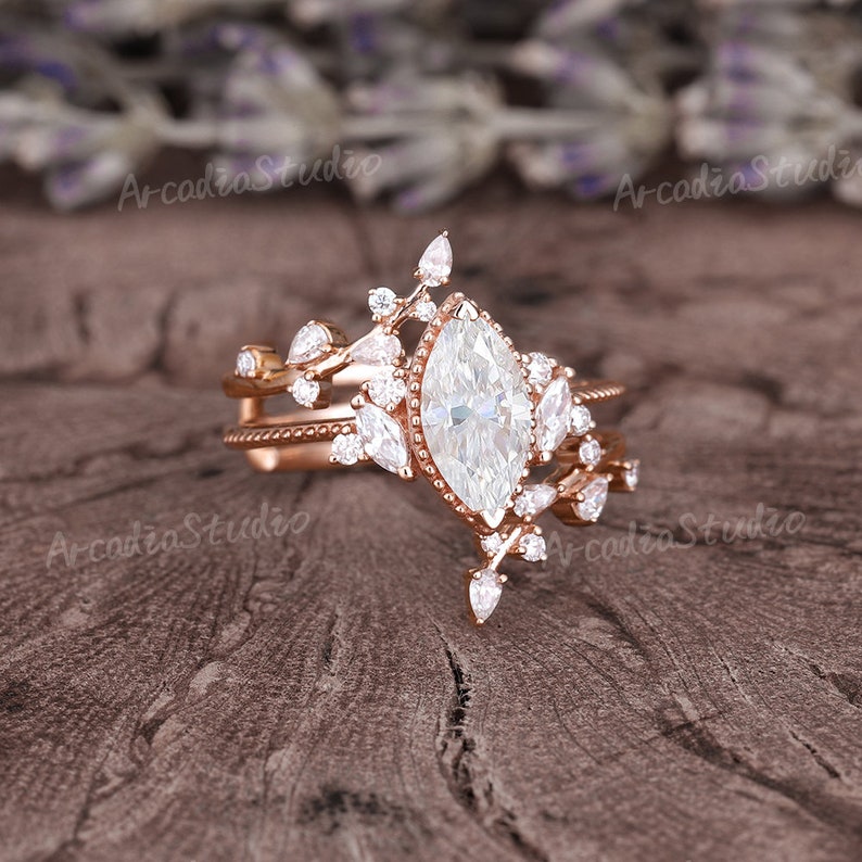 Unique Moissanite Engagement Ring Set Marquise Cut Wedding - Etsy