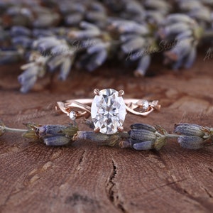 Dainty Oval Moissanite Engagement Ring Nature Inspired Ring Leaf Floral ...