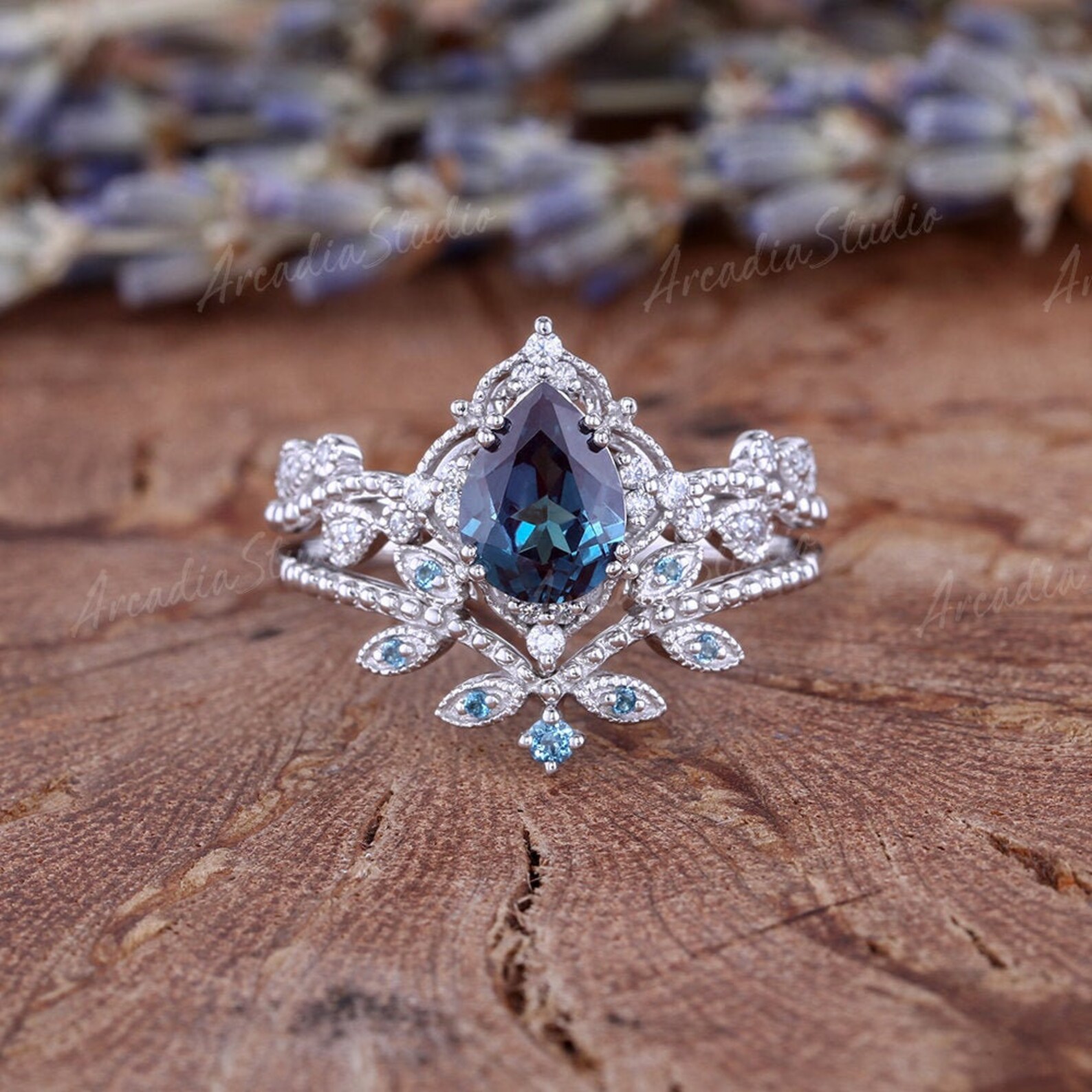 Unique Alexandrite Engagement Ring Set Pear Cut Rose Gold Art - Etsy