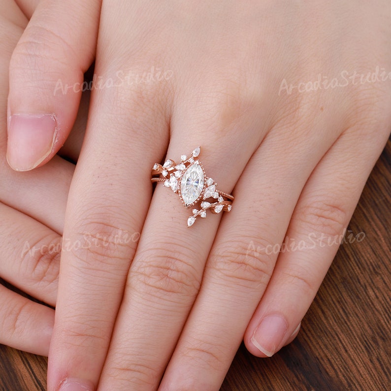 Unique Moissanite Engagement Ring Set Marquise Cut Wedding - Etsy