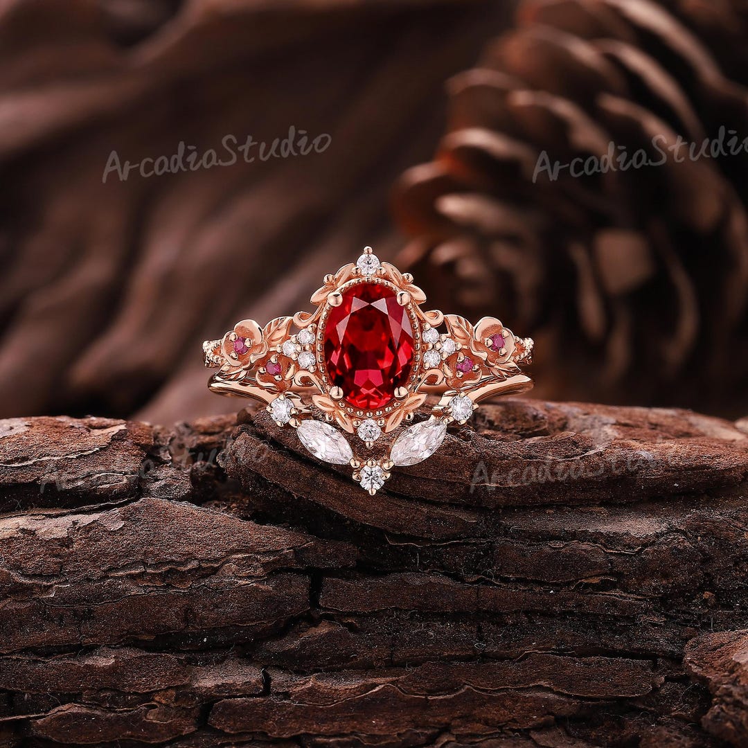 Vintage Ruby Engagement Ring Set Gold Ring Nature Inspired Floral Ring ...