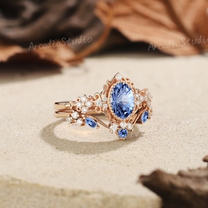 Oval Firework Cut Engagement Ring Set Rose Gold Floral Wedding Ring Set ...