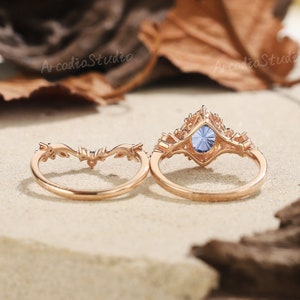 Oval Firework Cut Engagement Ring Set Rose Gold Floral Wedding Ring Set ...