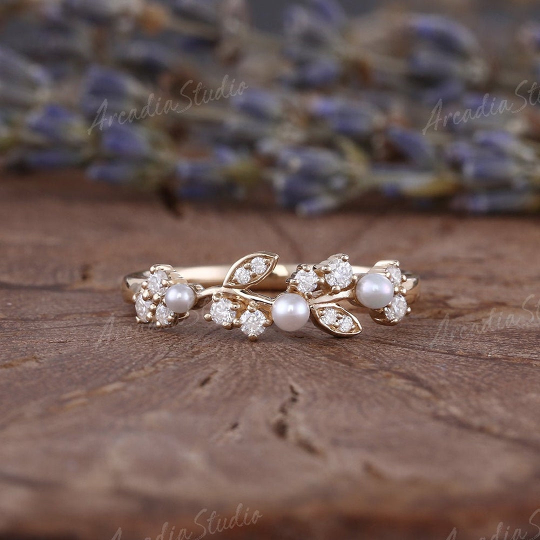 Vintage Pearl Engagement Ring Yellow Gold Uinque Rings Leaf Moissanite ...
