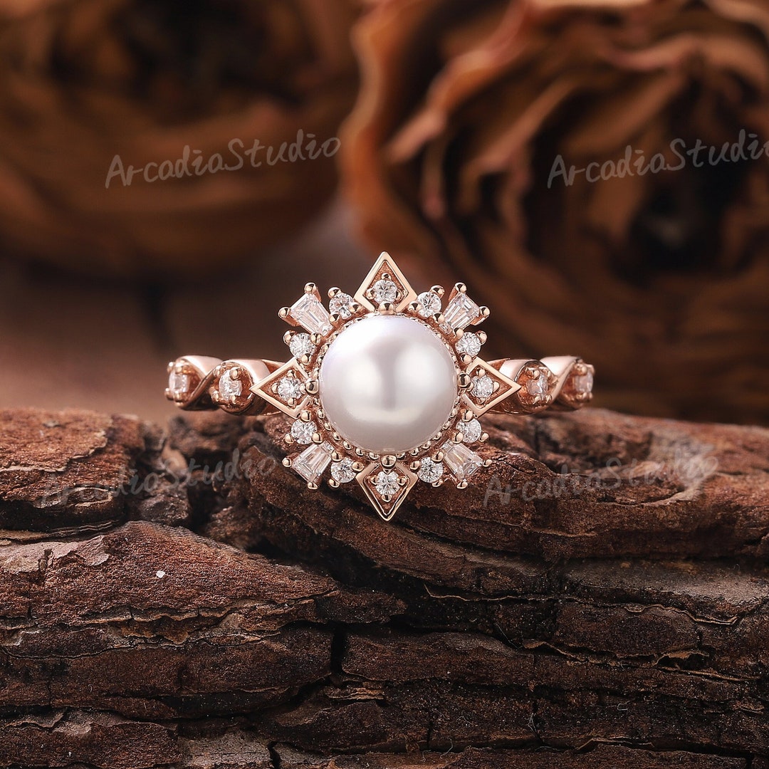 Unique Pearl Engagement Ring Rose Gold Ring Moissanite Ring Floral Ring ...