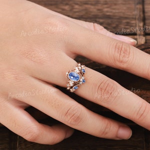 Oval Firework Cut Engagement Ring Set Rose Gold Floral Wedding Ring Set ...