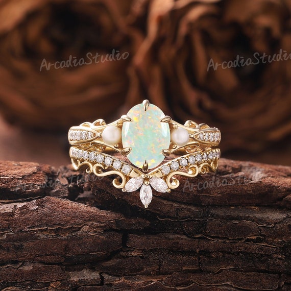 Unique Opal Engagement Ring Set Solid Gold Ring Moissanite Wedding Ring Set Dainty Opal Ring Vintage Rings Pearl Ring Promise Ring for Women Etsy