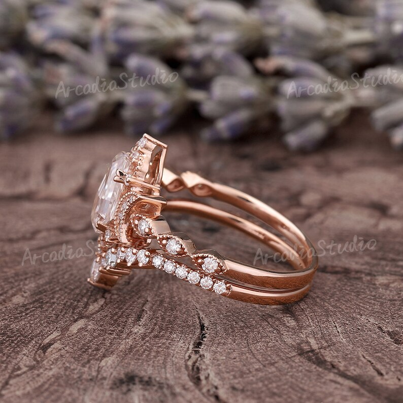 Unique Coffin Cut Moissanite Engagement Ring Set Rose Gold - Etsy
