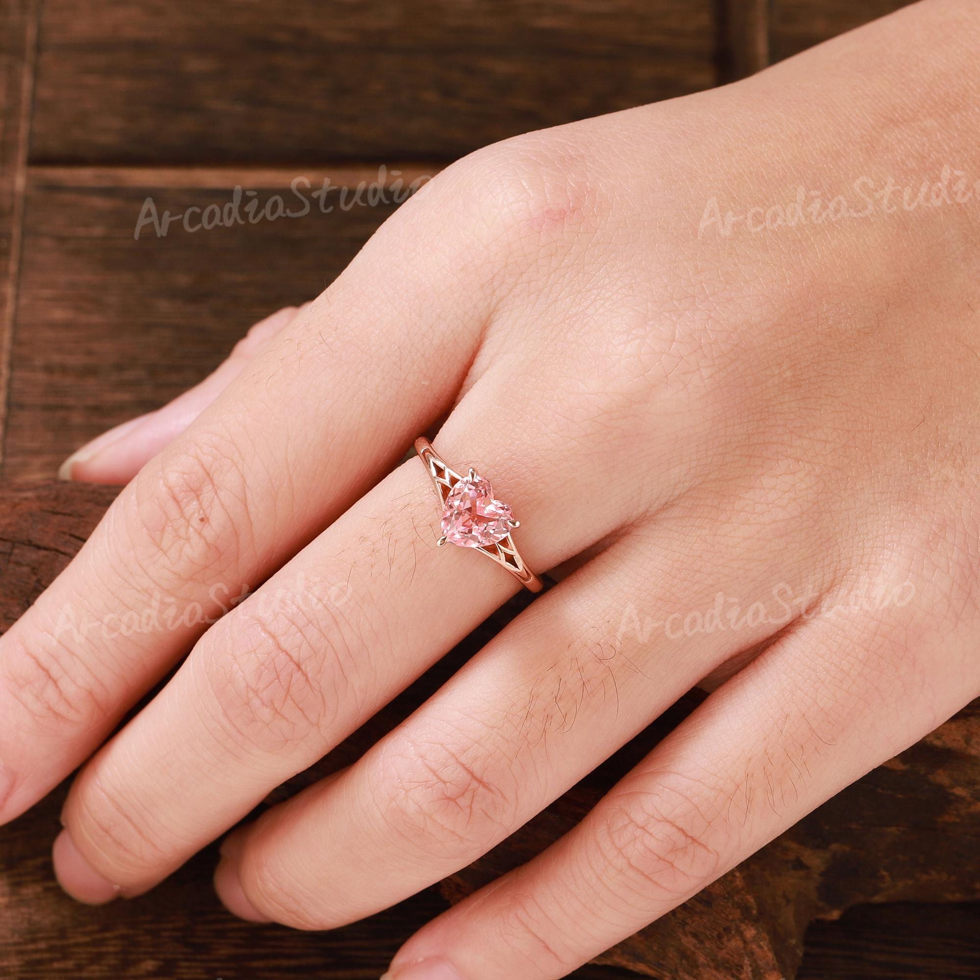 Heart Pink Sapphire Engagement Ring Vintage Diamond Ring Rose Gold Ring ...