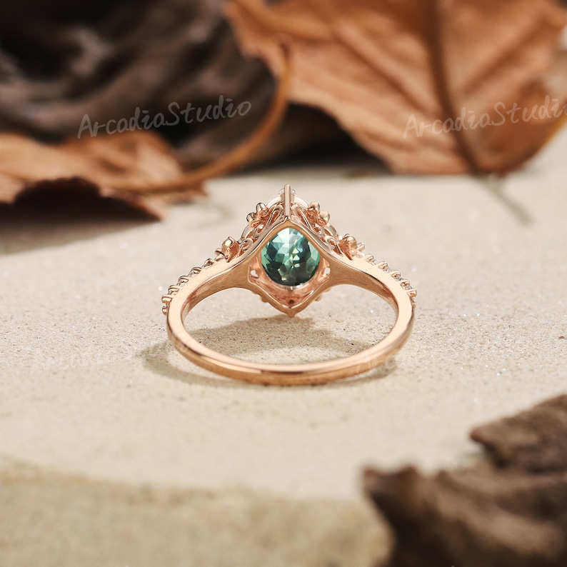 Green Sapphire Engagement Ring Vinatge Solid Gold Moissanite Cluster ...