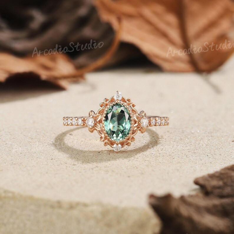 Green Sapphire Engagement Ring Vinatge Solid Gold Moissanite Cluster ...