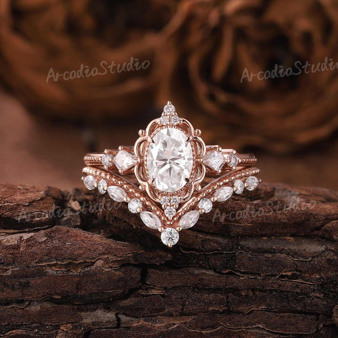 Unique Moissanite Engagement Ring Set Unique Milgrain Ring Set Vintage ...