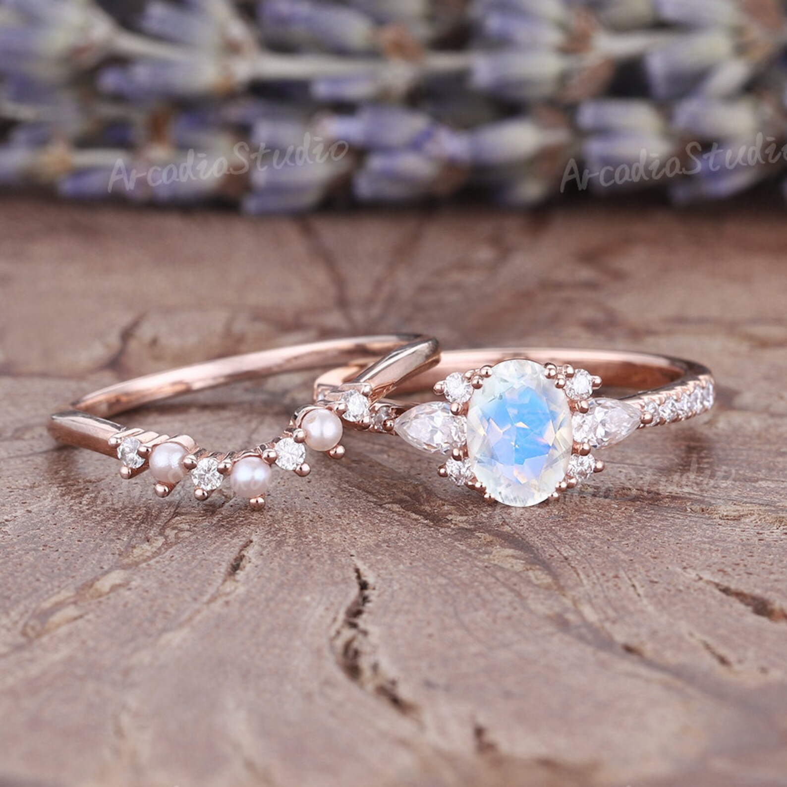 Dainty Oval Shaped Moonstone Engagement Ring Set Antique Rose - Etsy