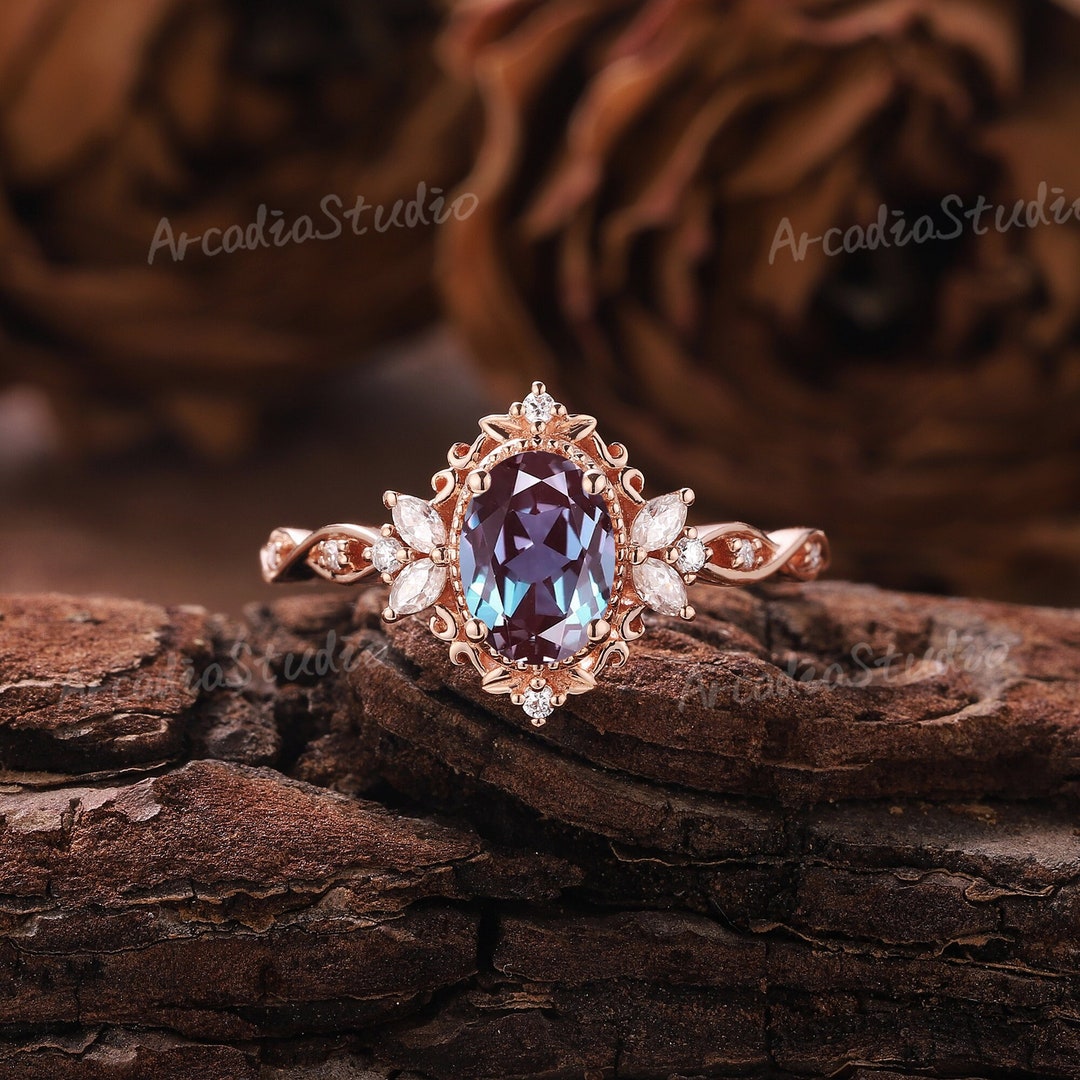 Unique Alexandrite Engagement Ring Rose Gold Ring Natural Inspired Ring ...