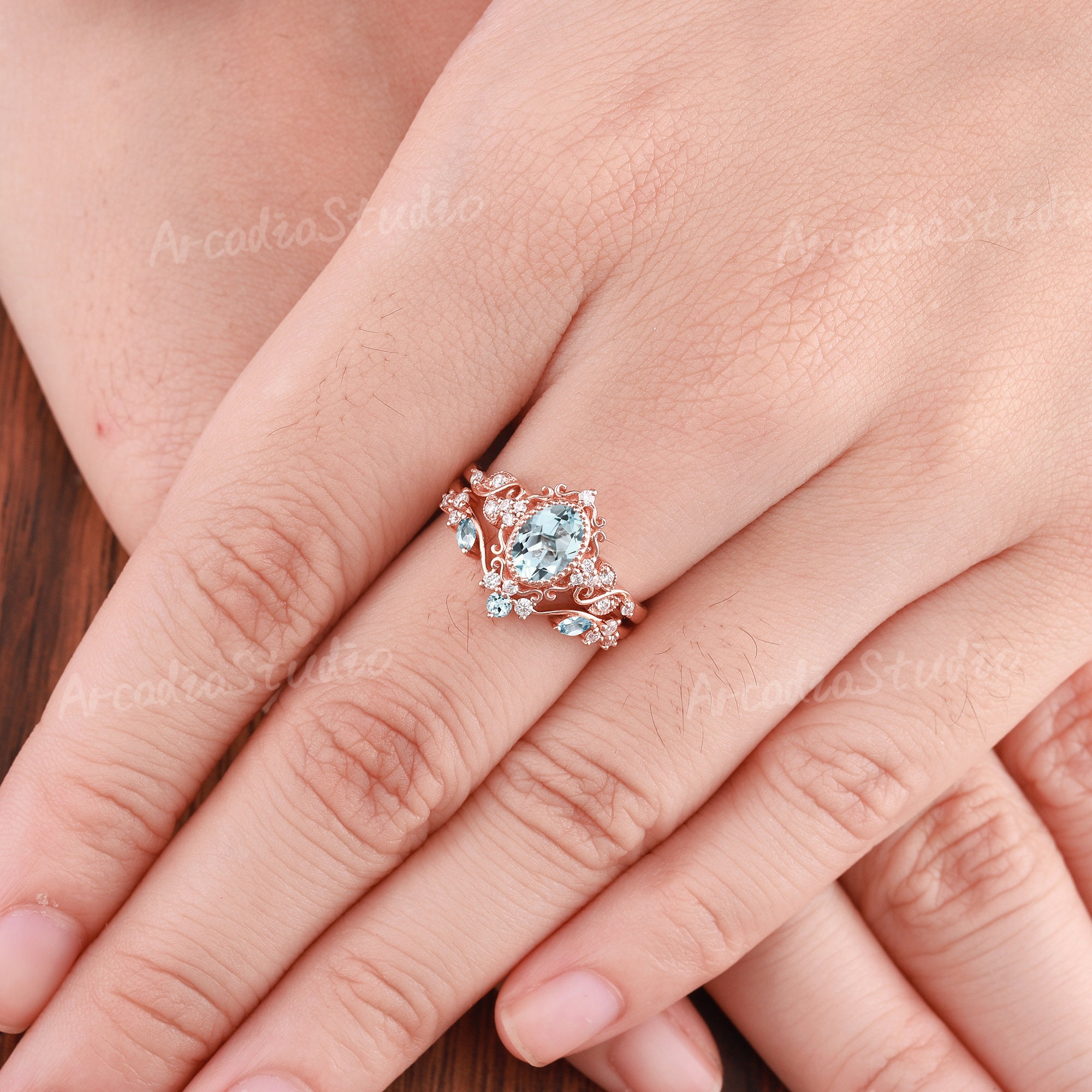Unique Aquamarine Engagement Ring Set Floral Ring Rose Gold Ring Art ...