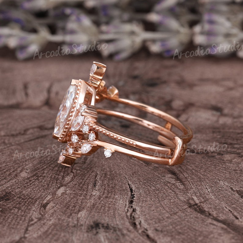 Unique Moissanite Engagement Ring Set Marquise Cut Wedding - Etsy
