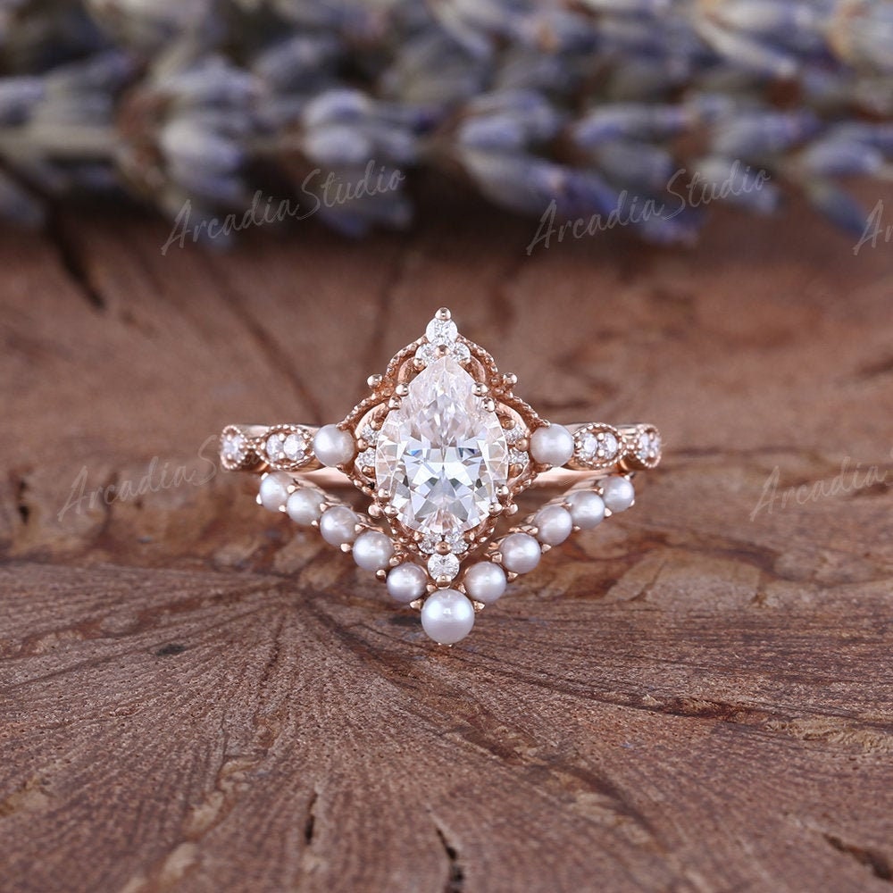Pearl Moissanite Engagement Ring Set Pear Cut Moissanite Wedding Ring Set Vintage Rose Gold Akoya Pearl Ring Set Women Curved Wedding Band Etsy