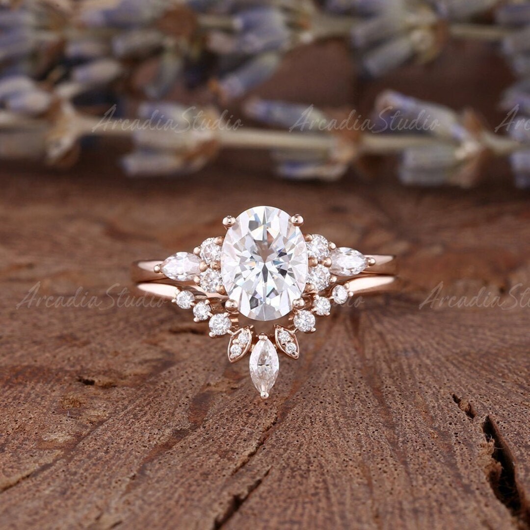 Oval Cut Moissanite Engagement Ring Set Rose Gold Cluster Moissanite ...