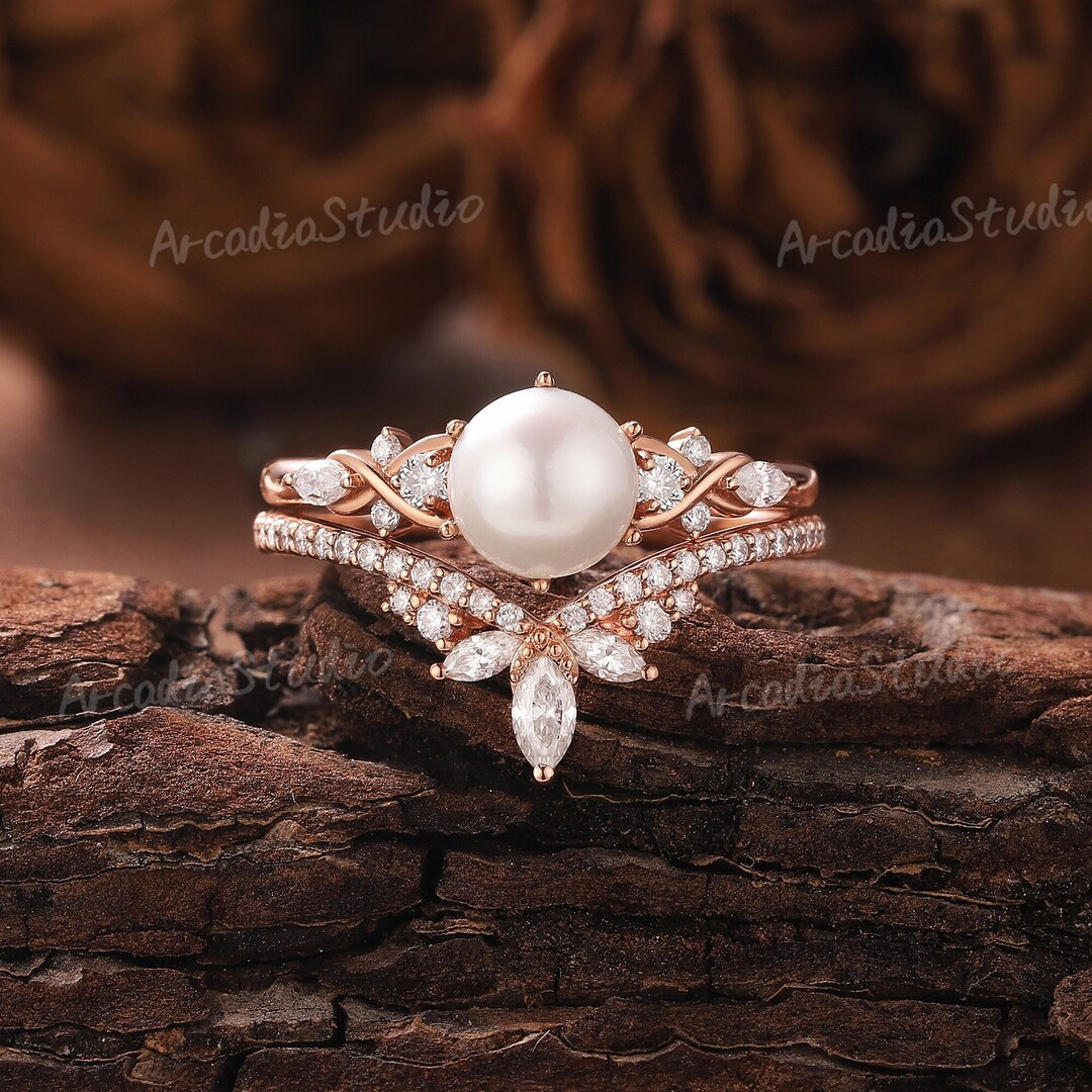 Vintage Pearl Engagement Ring Set Moissanite Cluster Ring Bridal Set ...