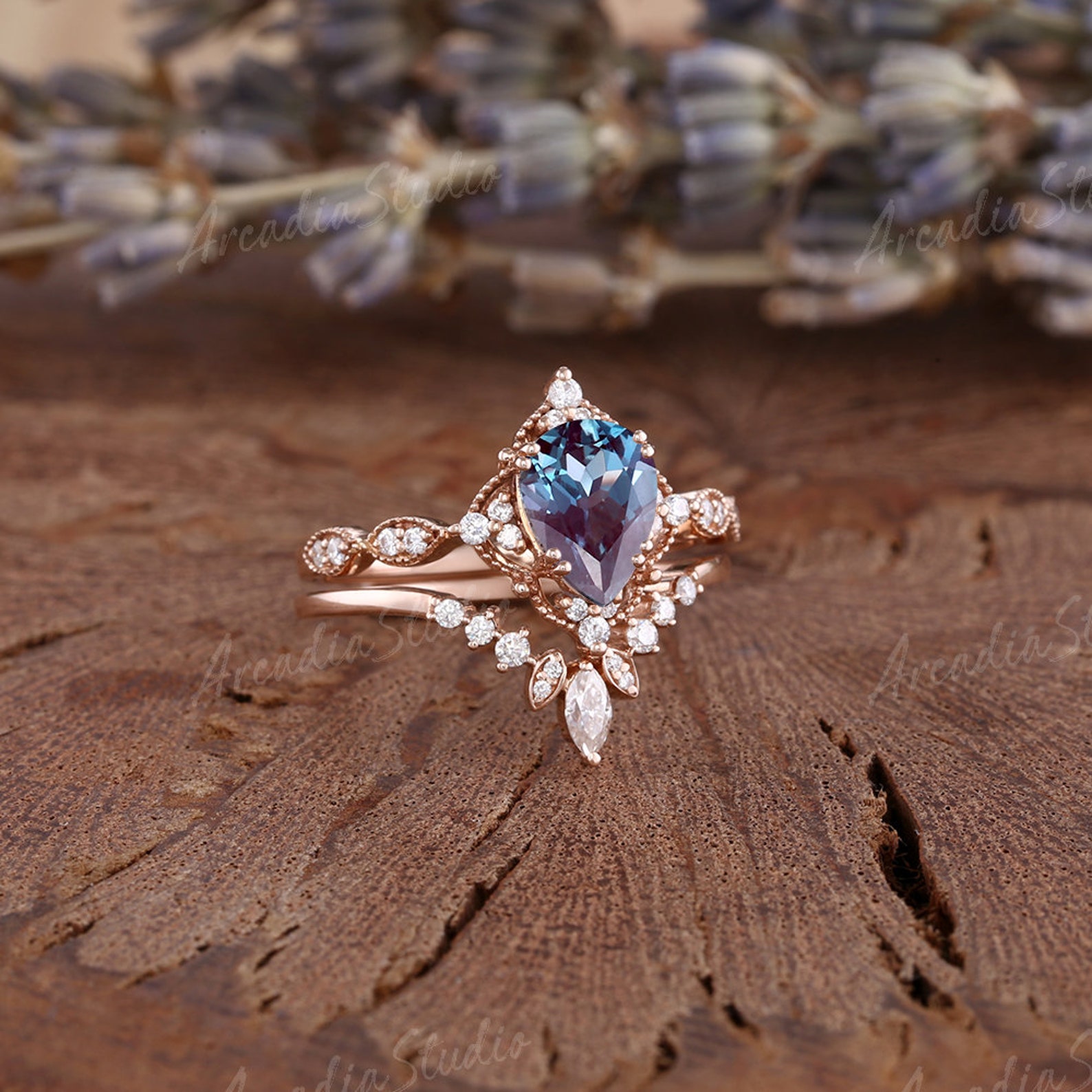 Vintage Alexandrite Engagement Ring Set Rose Gold Pear Cut | Etsy