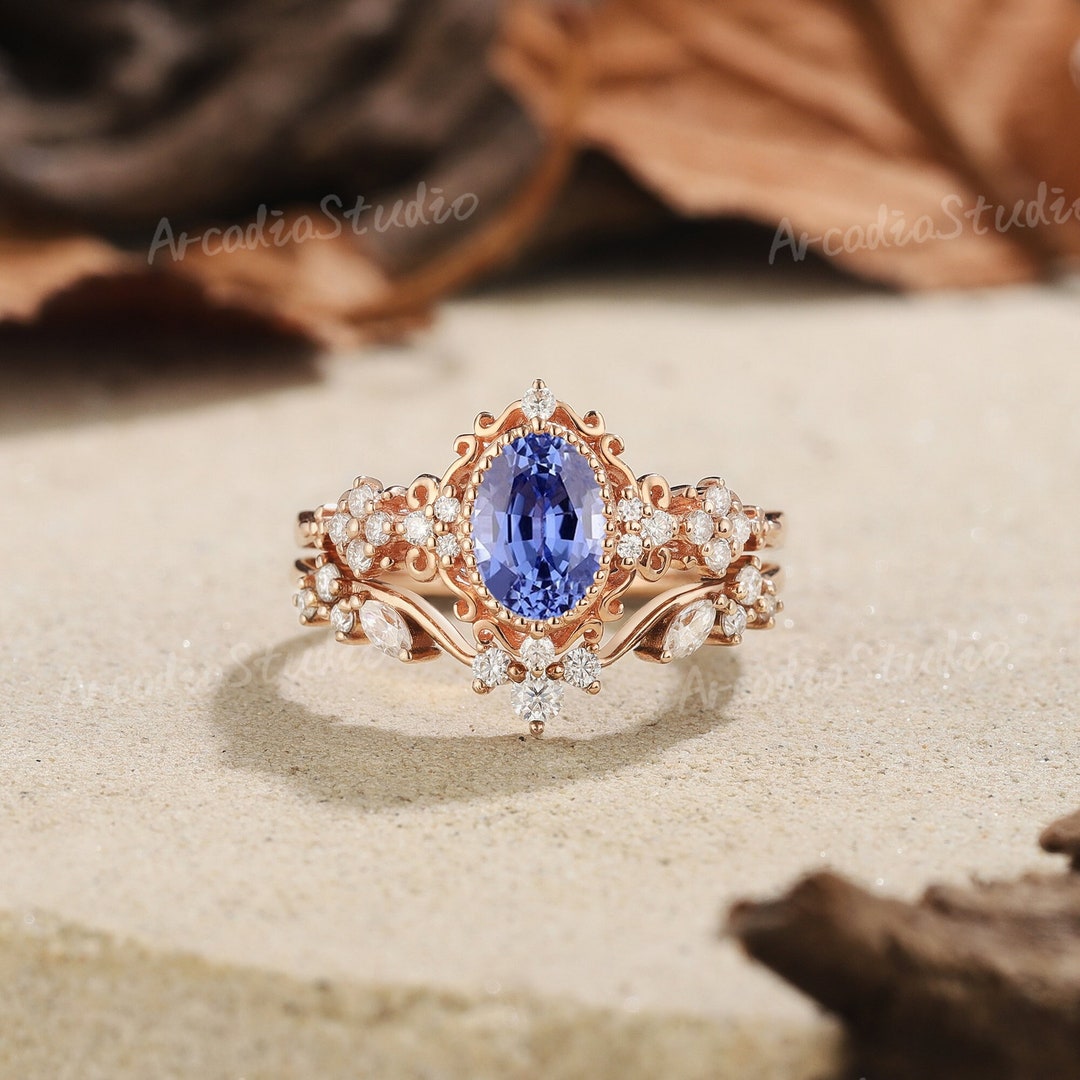 Oval Sapphire Engagement Ring Rose Gold Wedding Ring Vintage Moissanite ...