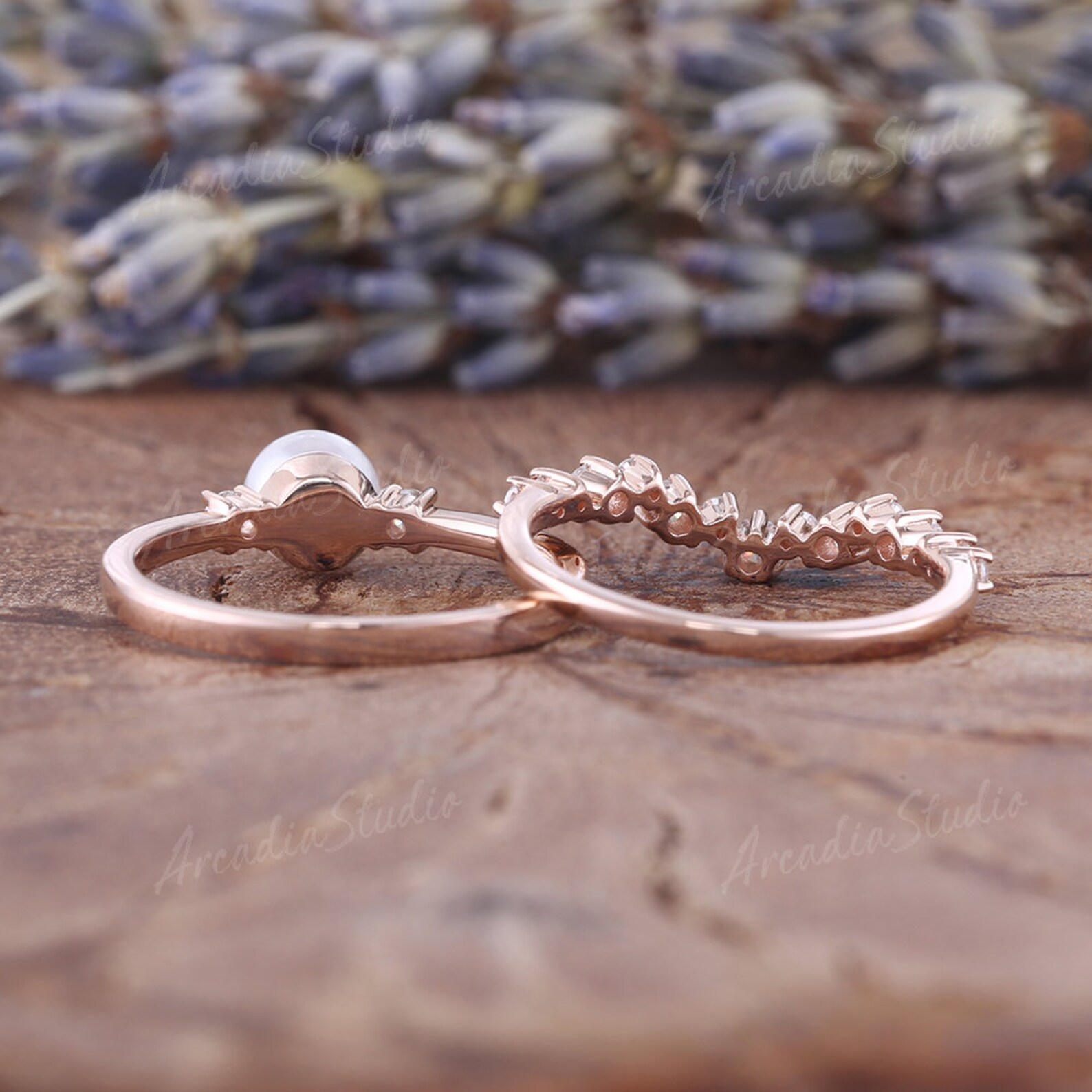 Vintage Pearl Engagement Ring Set Rose Gold Unique Pearl Wedding Ring ...