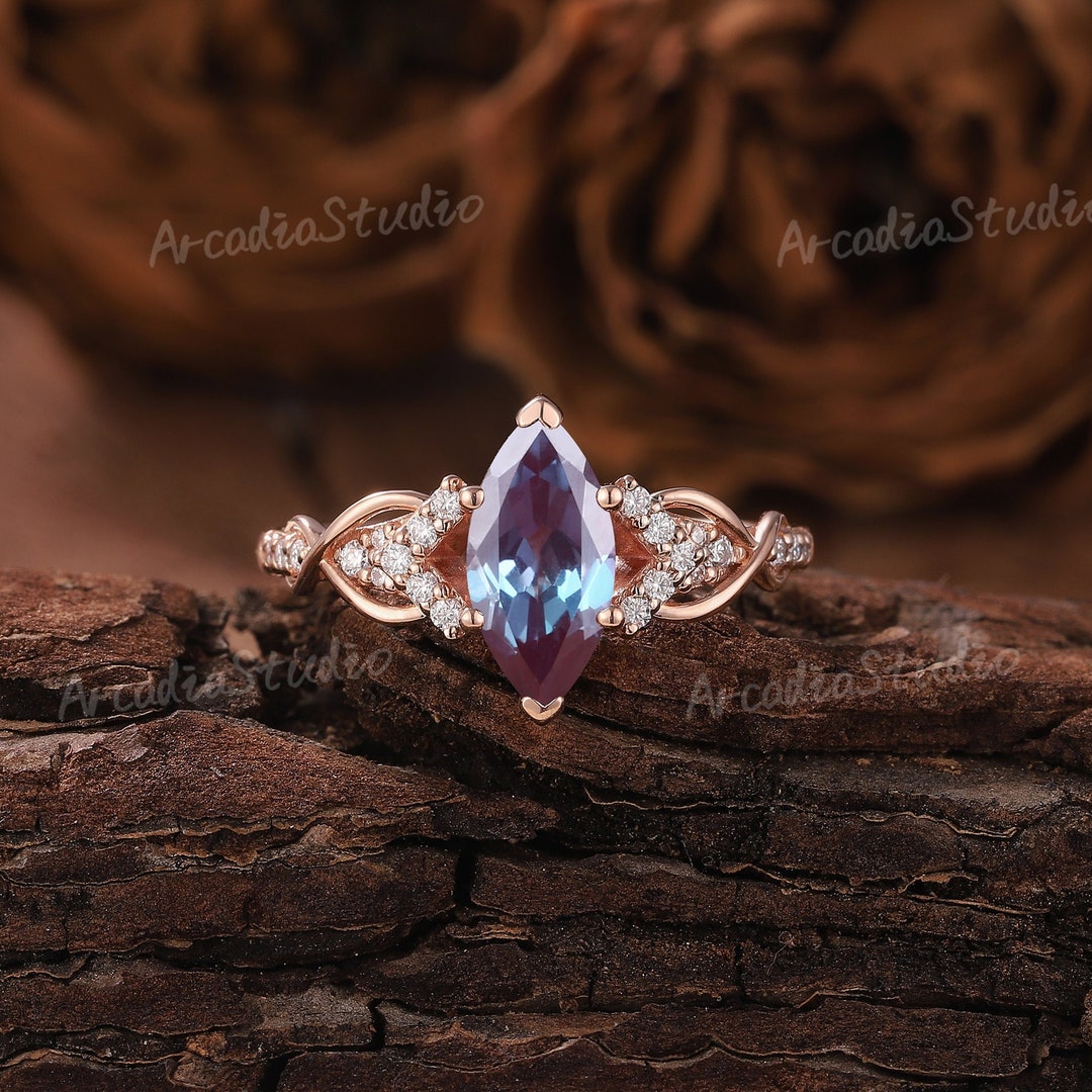 Vintage Alexandrite Engagement Ring Marquise Ring Moissanite Cluster ...