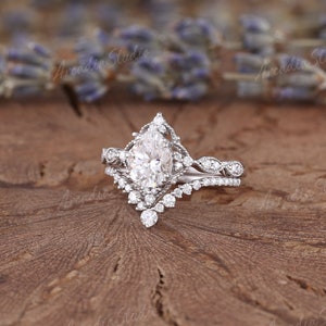 Vintage Moissanite Engagement Ring Set White Gold Pear Shaped Cluster ...