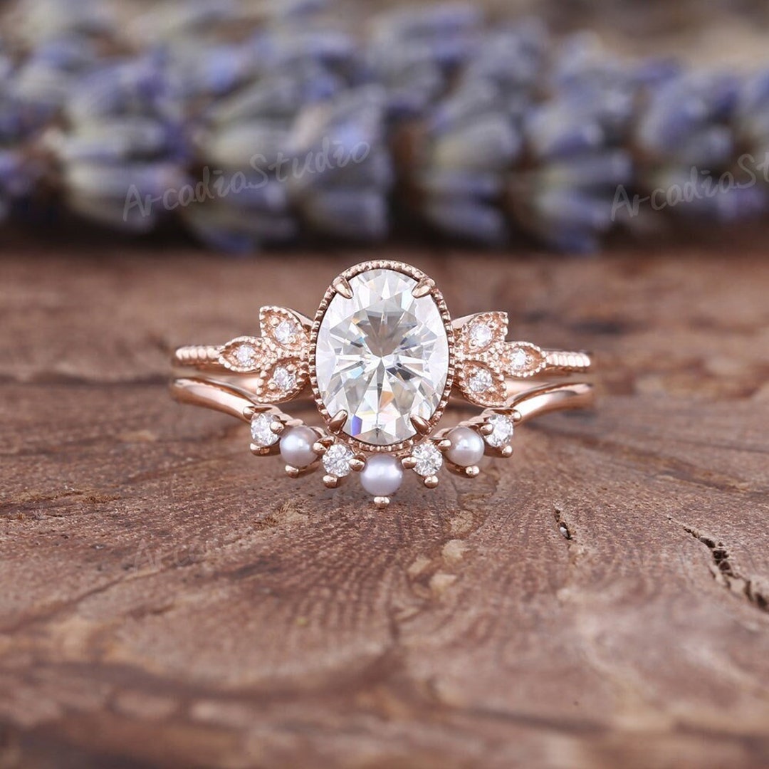 Vintage Moissanite Engagement Ring Set Rose Gold Oval Cut Ring Set Art ...