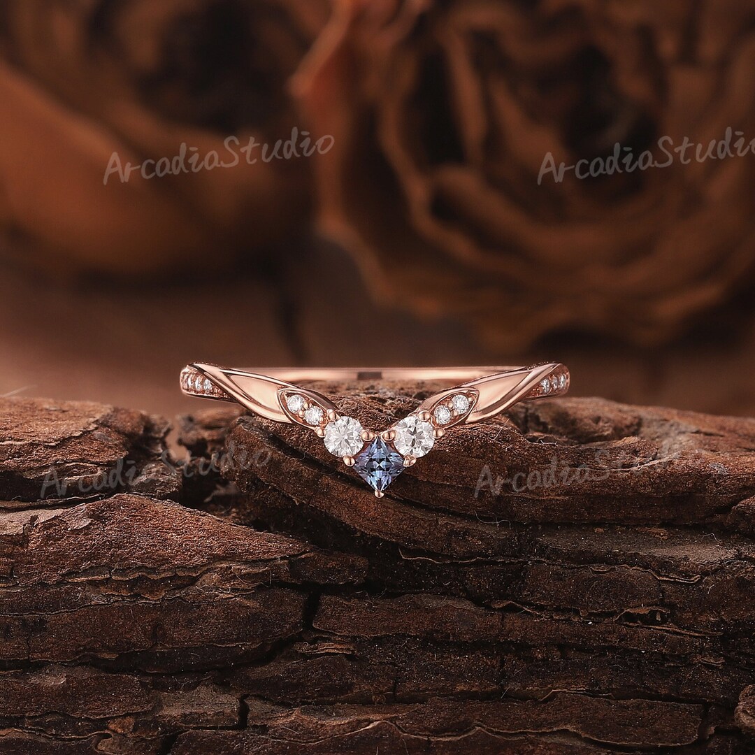 Art Deco Alexandrite Wedding Band Rose Gold Ring Weddding Ring Diamond ...