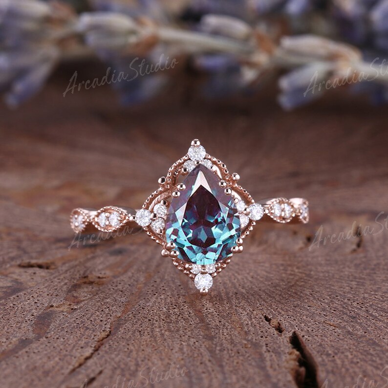 Unique Alexandrite Engagement Ring Pear Cut Cluster Moissanite - Etsy